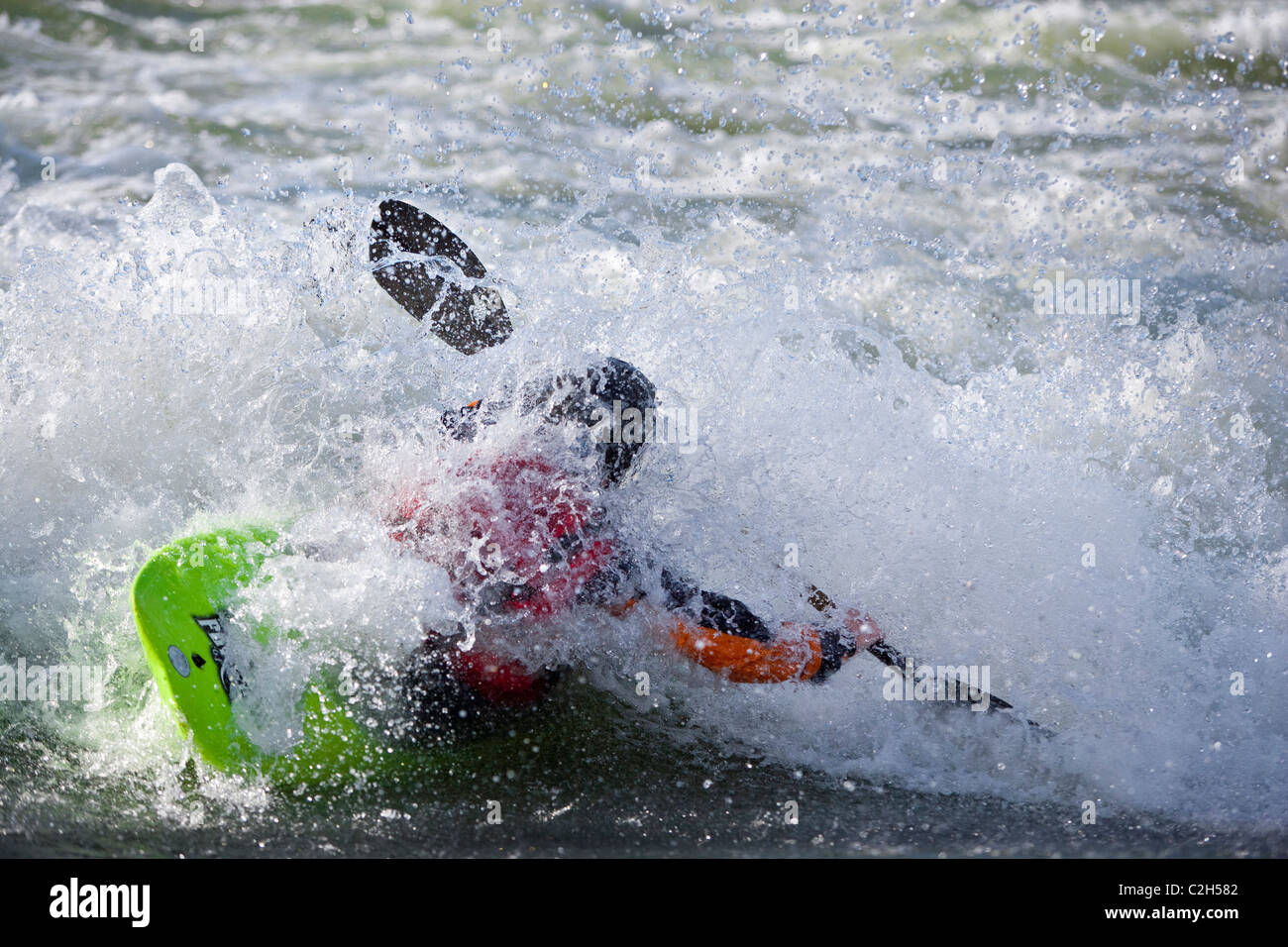Female playboating whitewater kayaker covered in spray while surfing on ...