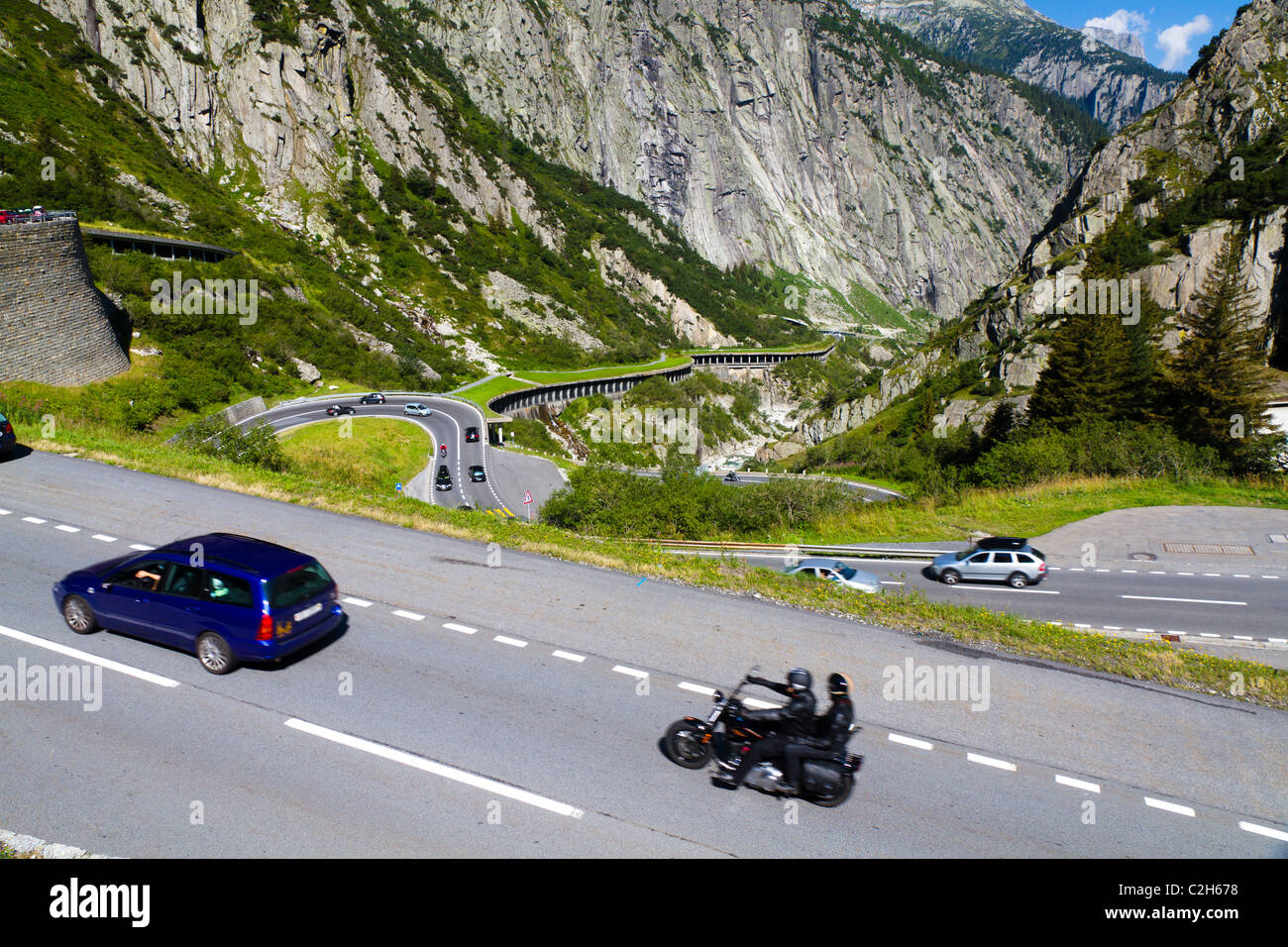 Endless rows of cars cross alpine Gotthard pass August 21, 2010 in ...