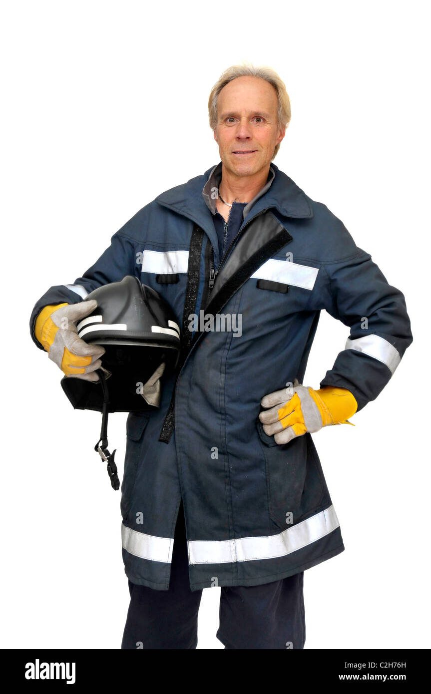 Fireman in uniform isolated in white Stock Photo - Alamy