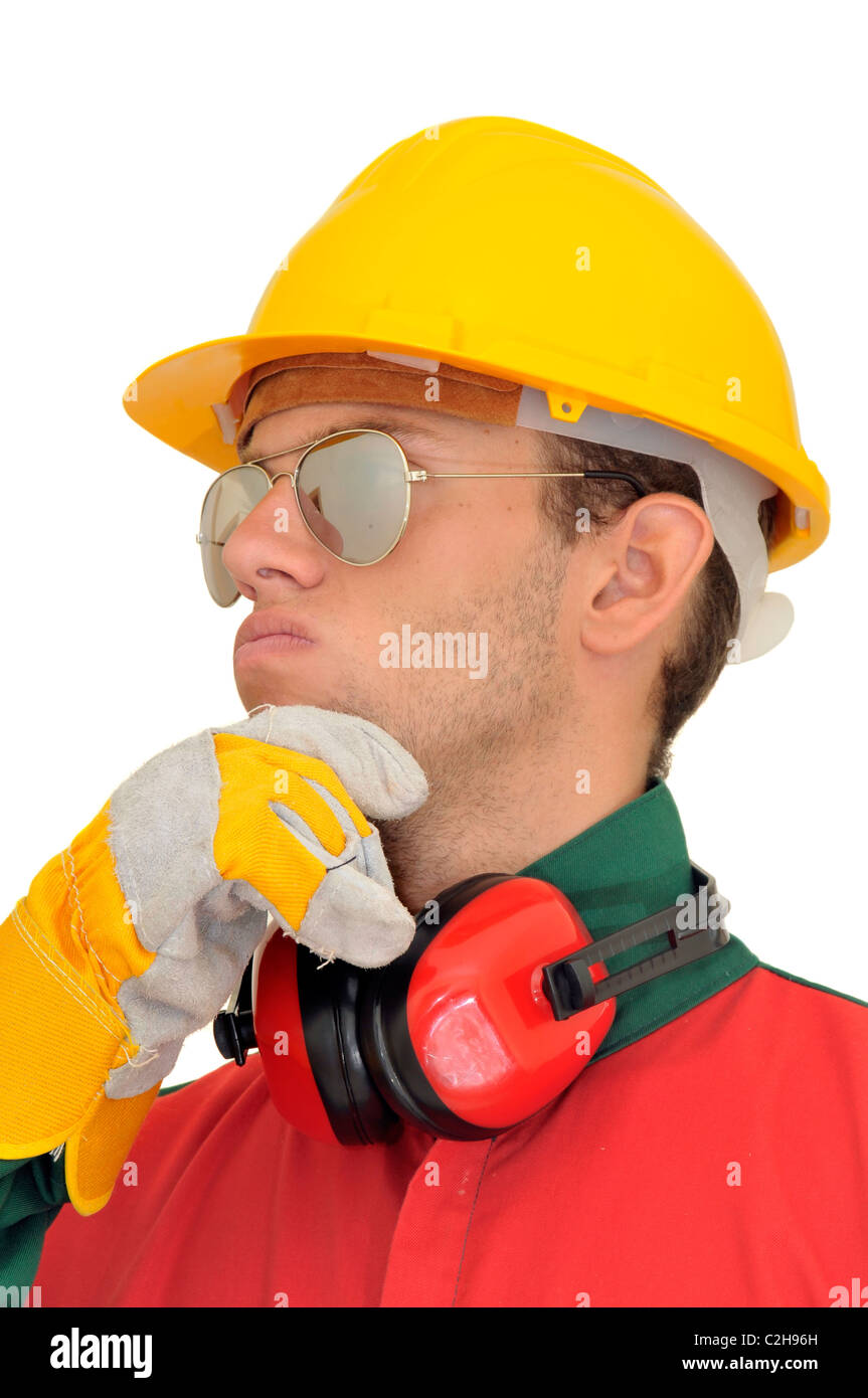 Worker posing isolated in white Stock Photo - Alamy