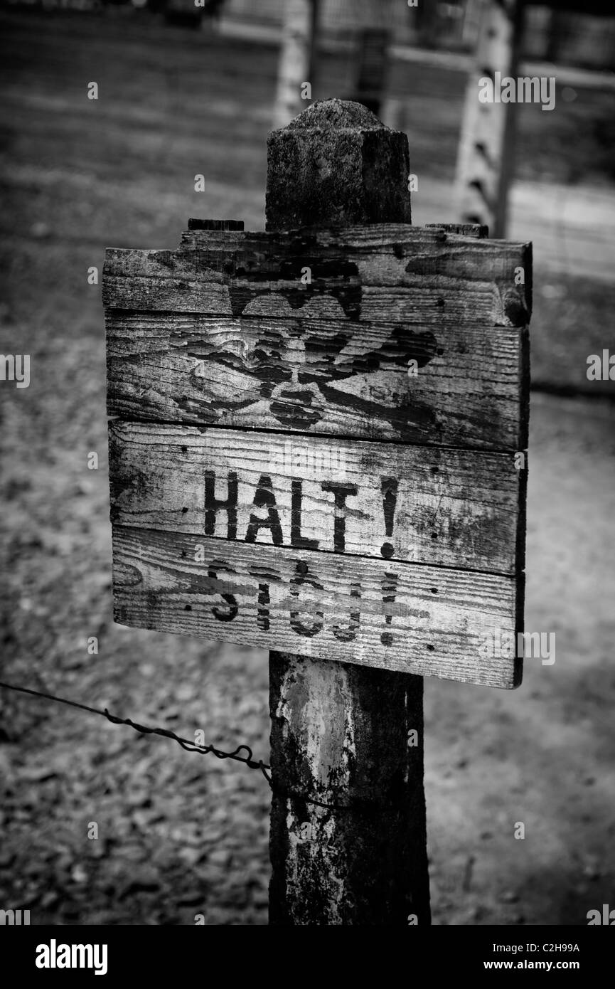 A warning sign at the former prisoner of War concentration camp at ...