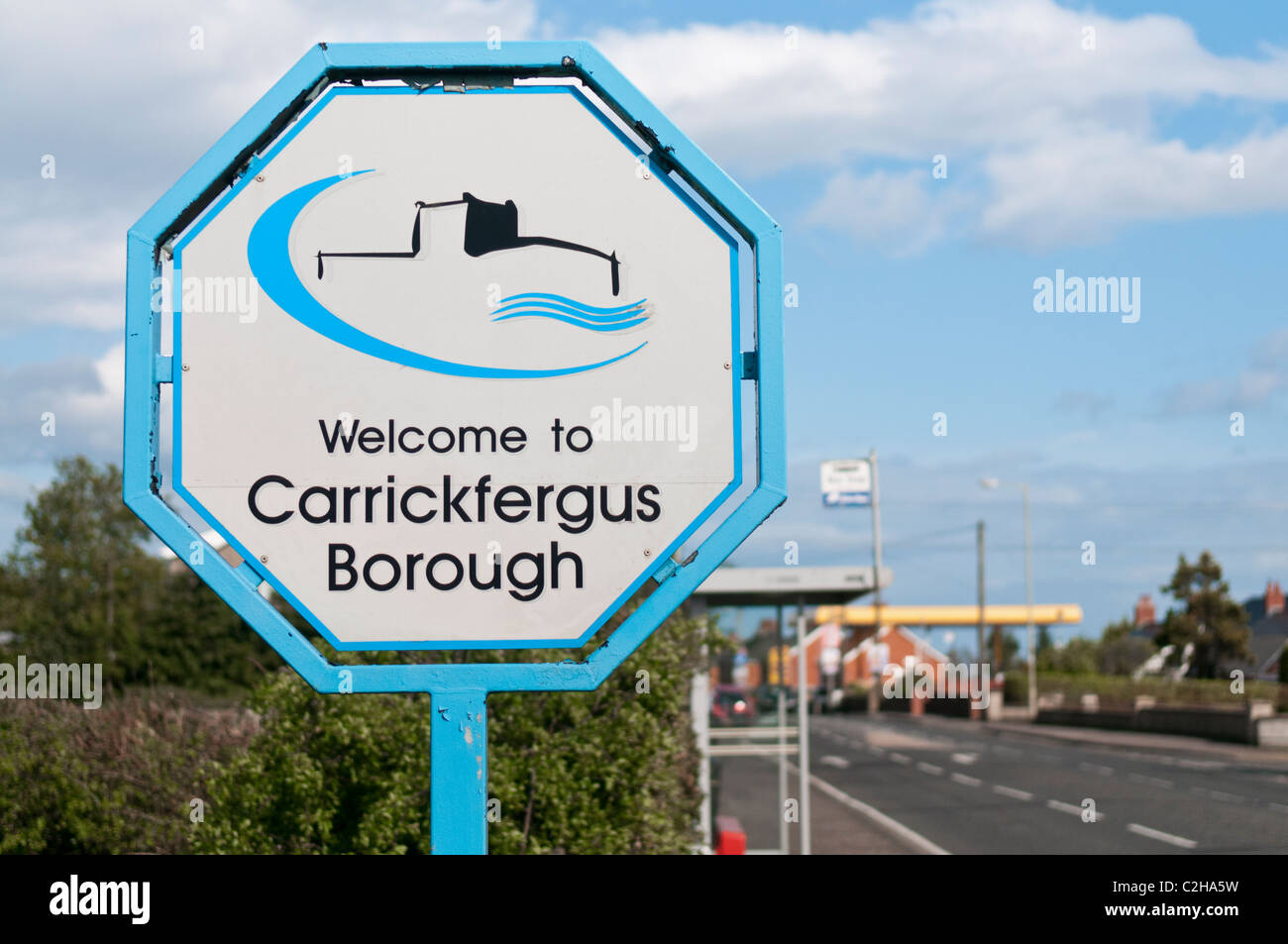 Sign for Carrickfergus Borough Council. "Welcome to Carrickfergus ...