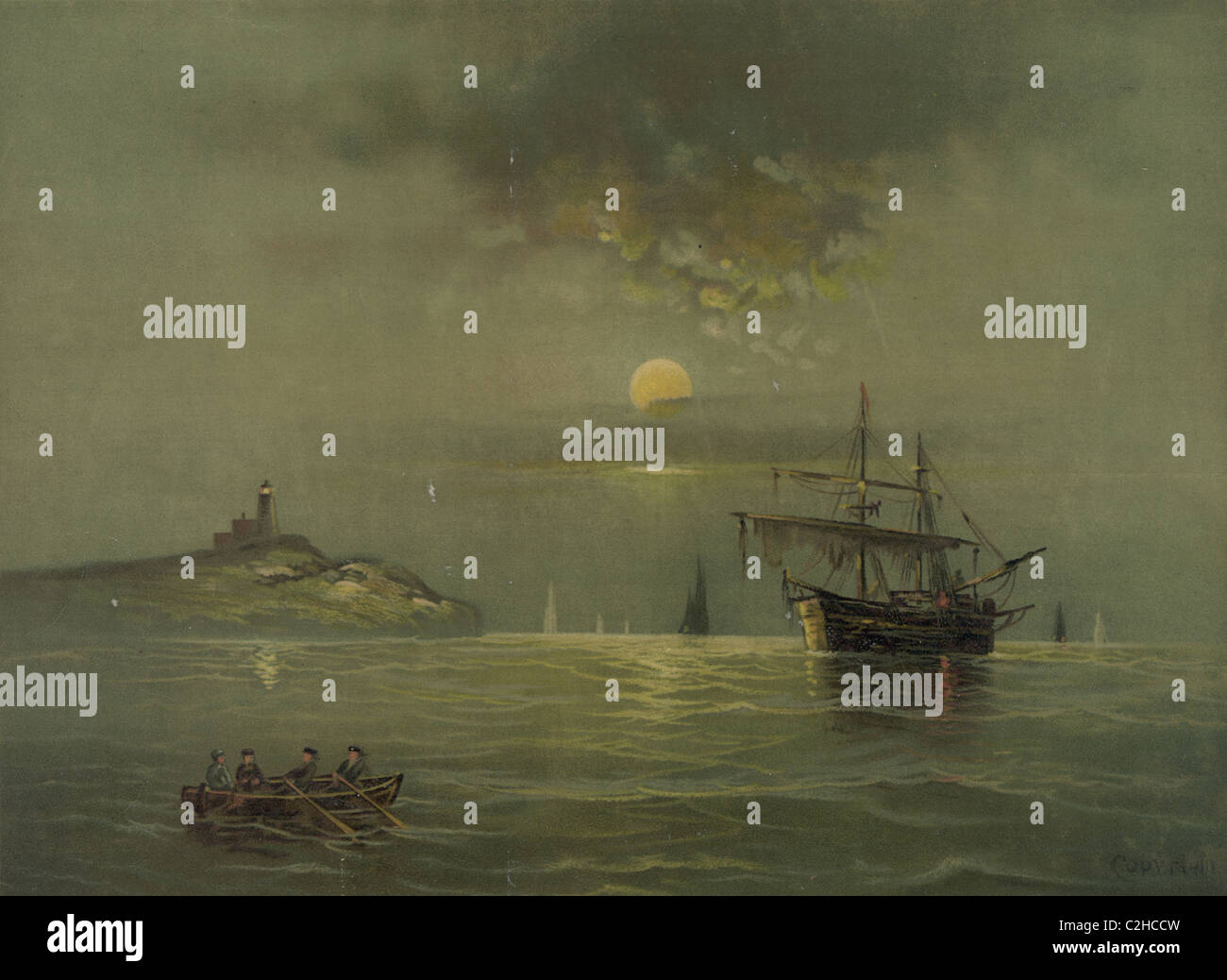 Marine Moonlight Scene with Lighthouse and Sailing Ship Stock Photo - Alamy