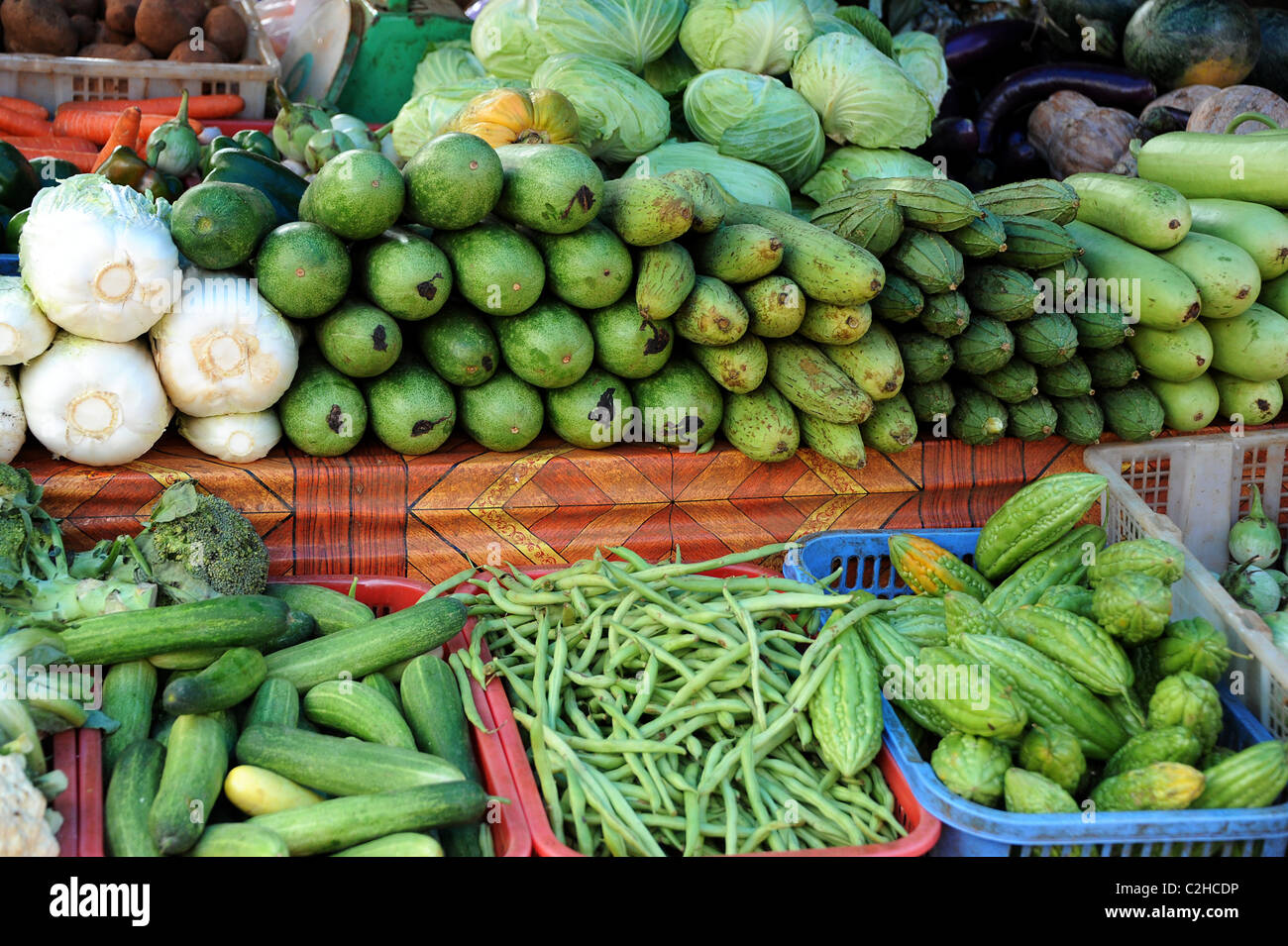 Variety of fresh vegetables displayed in Sen Monorom market, Eastern ...