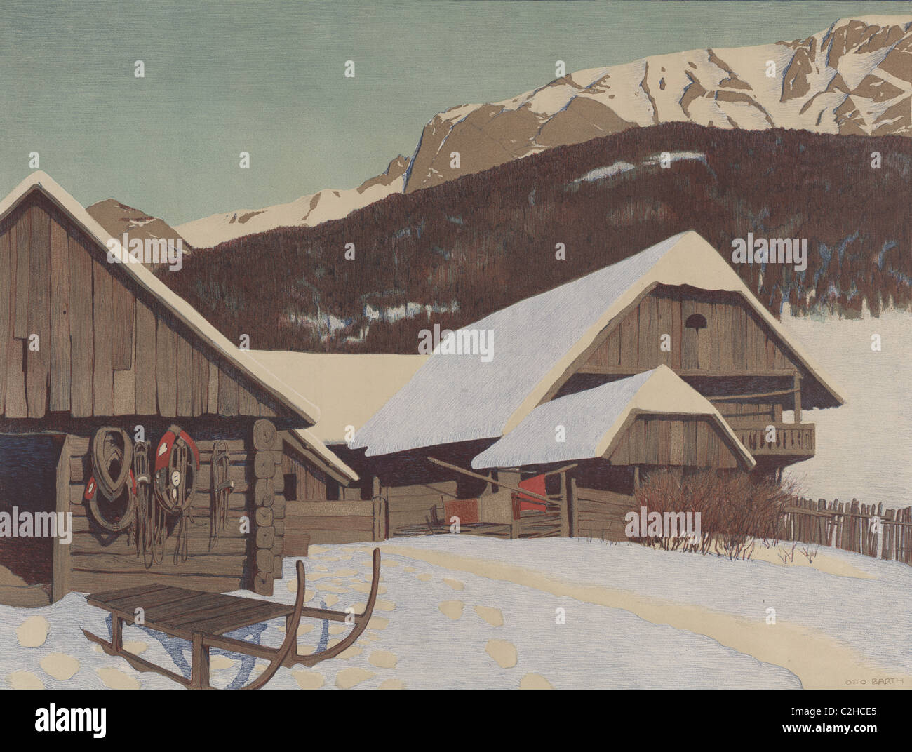 European Winter Scene with Alpine Cabin Stock Photo - Alamy