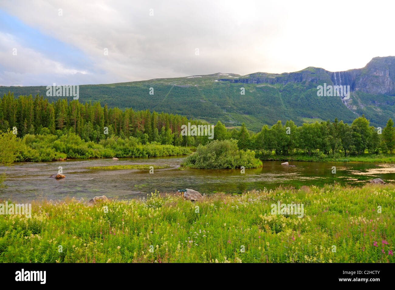 Waterfalls and river in Norway, between Oslo and Bergen. Scandinavian ...