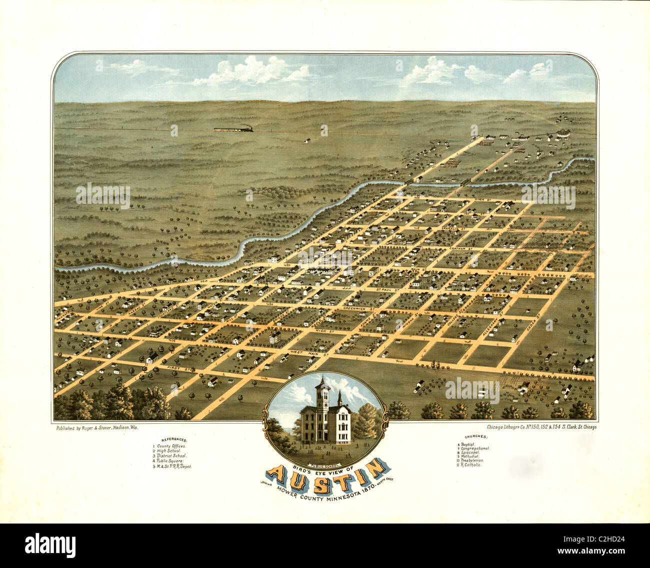Bird's eye view of Austin, Mower County, Minnesota 1870 Stock Photo - Alamy