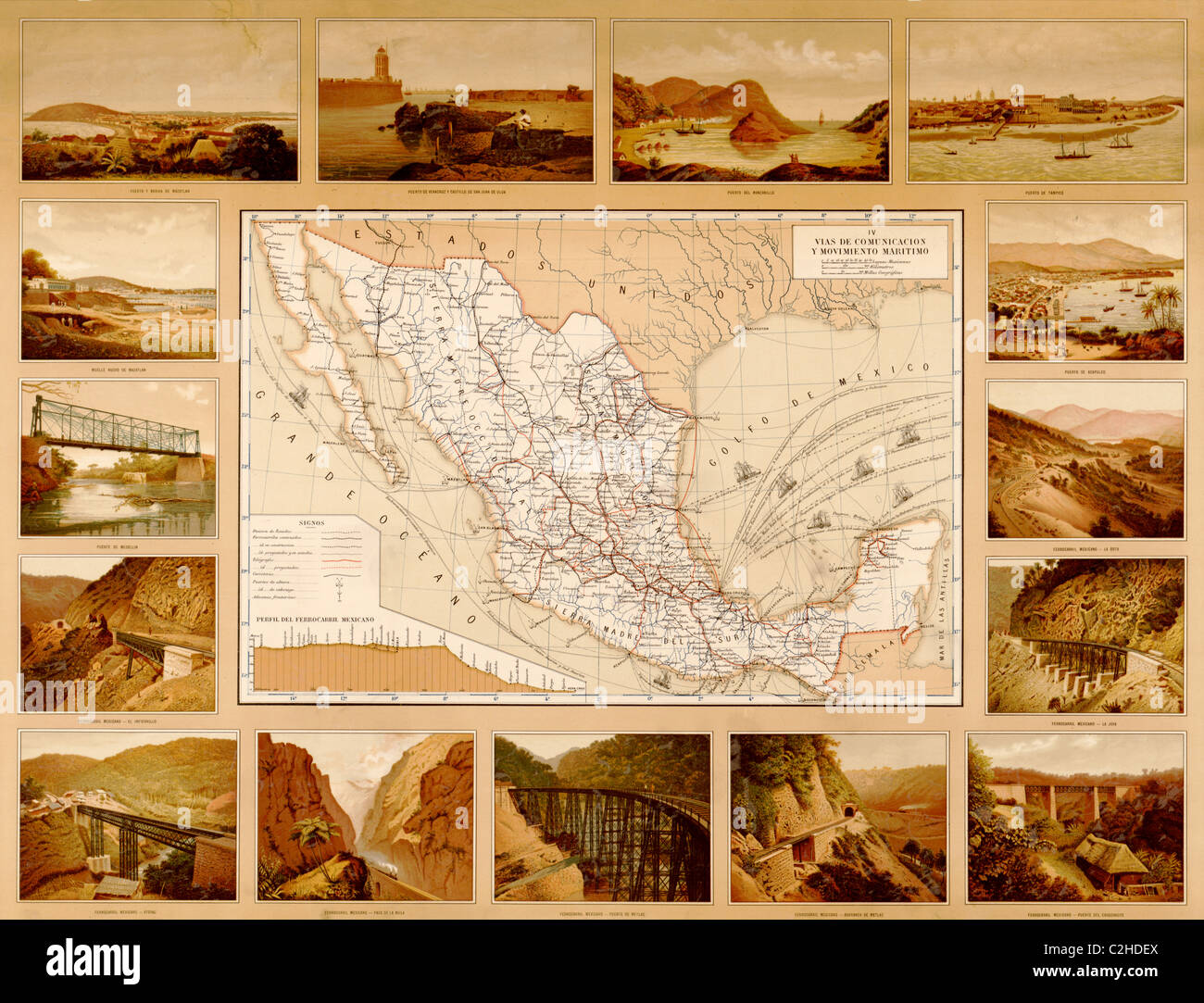 Roads, Harbors, waterways, bridges, highways and coastlines of Mexico ...