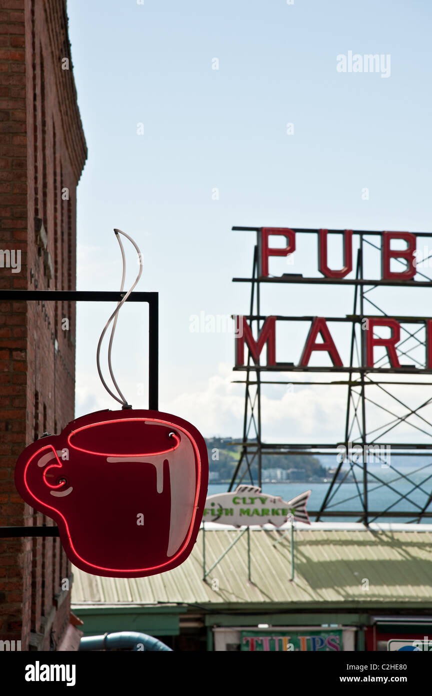 A big neon coffee with Public Market sign in the background in downtown ...