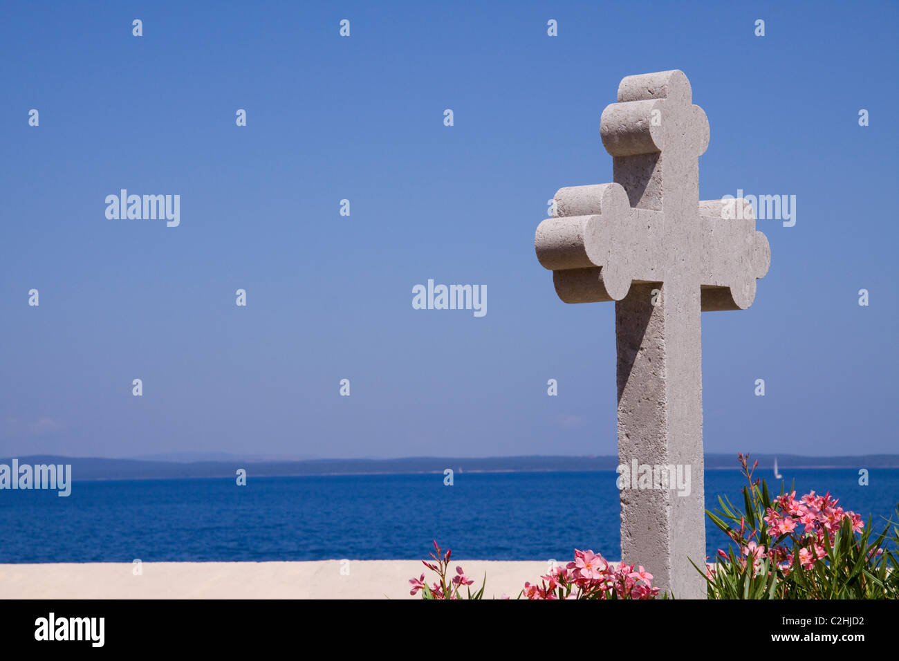 Cross on graveyard with medeteranian sea on the background Stock Photo ...