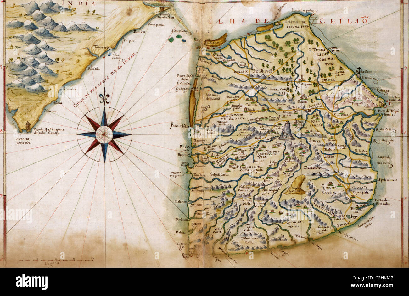 Portuguese map of Ceylon & India - 1630 Stock Photo - Alamy