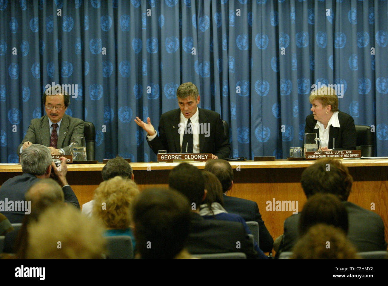 Kiyo Akasaka, George Clooney and Jane Holl Lute News conference marking ...