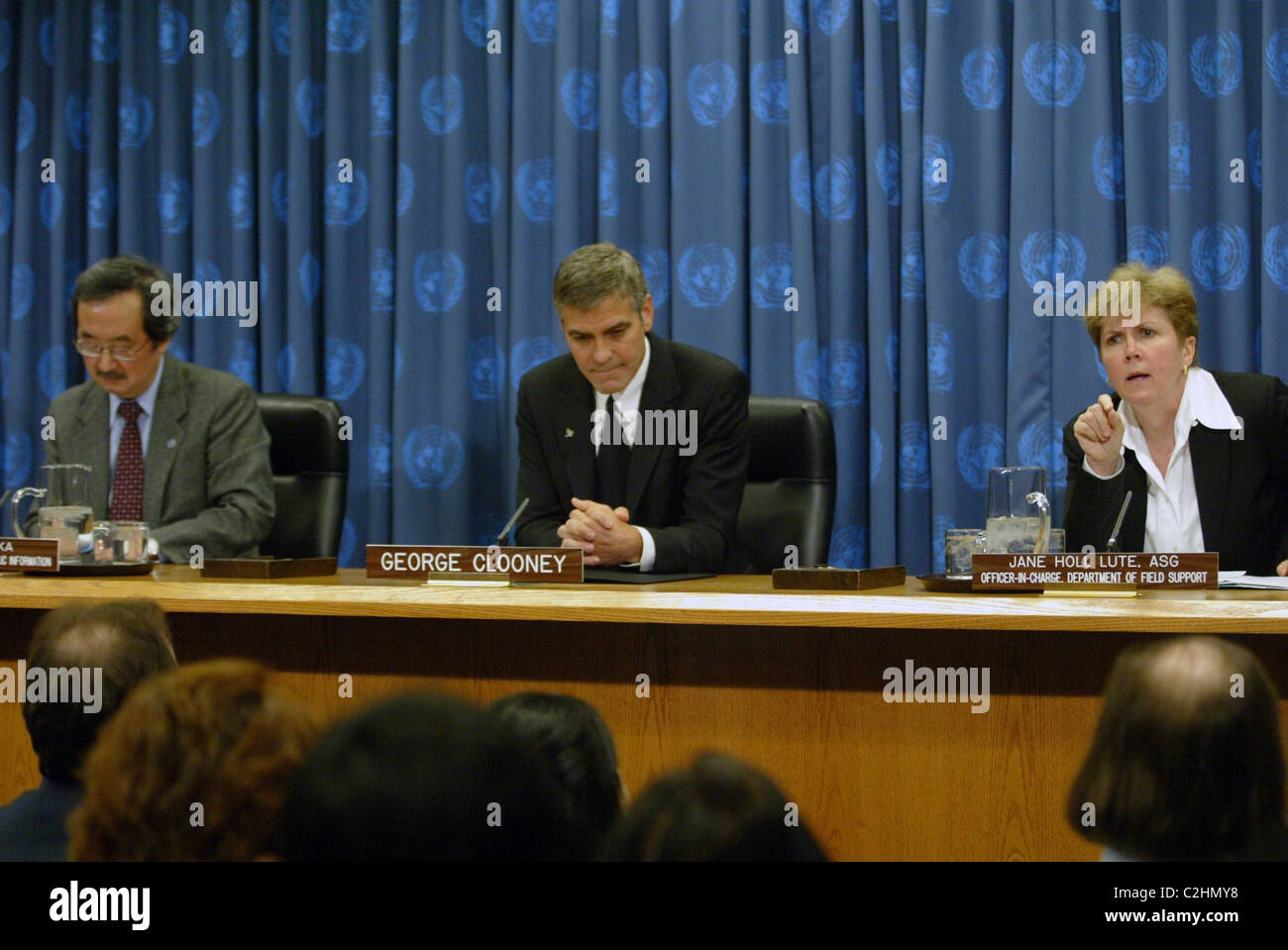 Kiyo Akasaka, George Clooney and Jane Holl Lute News conference marking ...