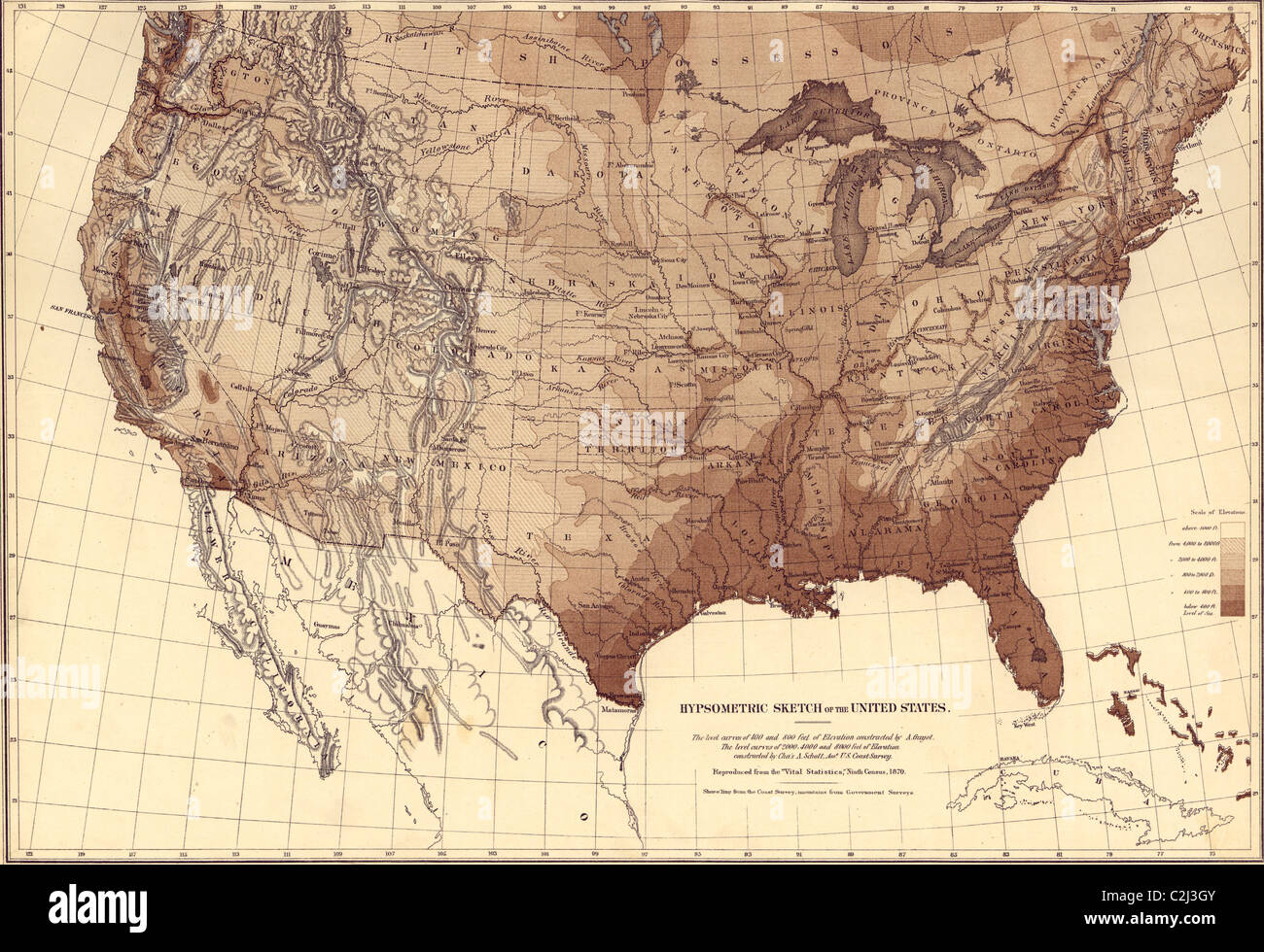 Elevation of the Continental United States - 1870 Stock Photo - Alamy