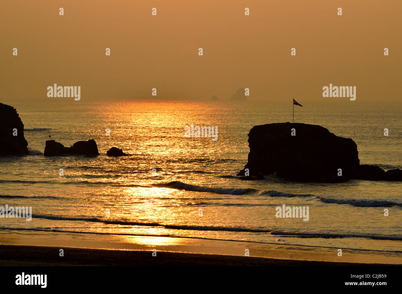 Sunset at Chapel Rock, Perranporth, Cornwall on St Pirans Day Stock ...
