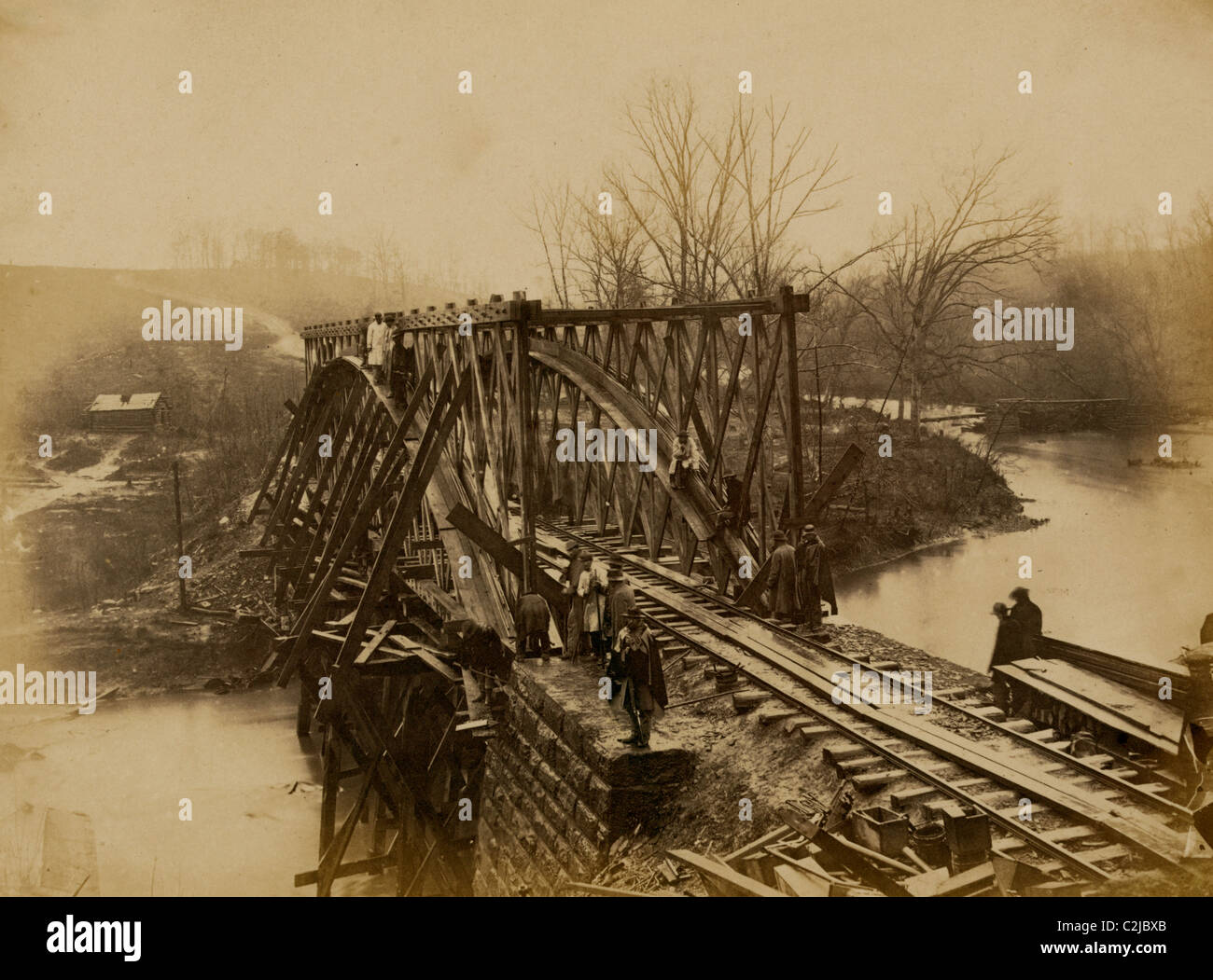 Building military railroad truss bridge across Bull Run, April, 1864 ...