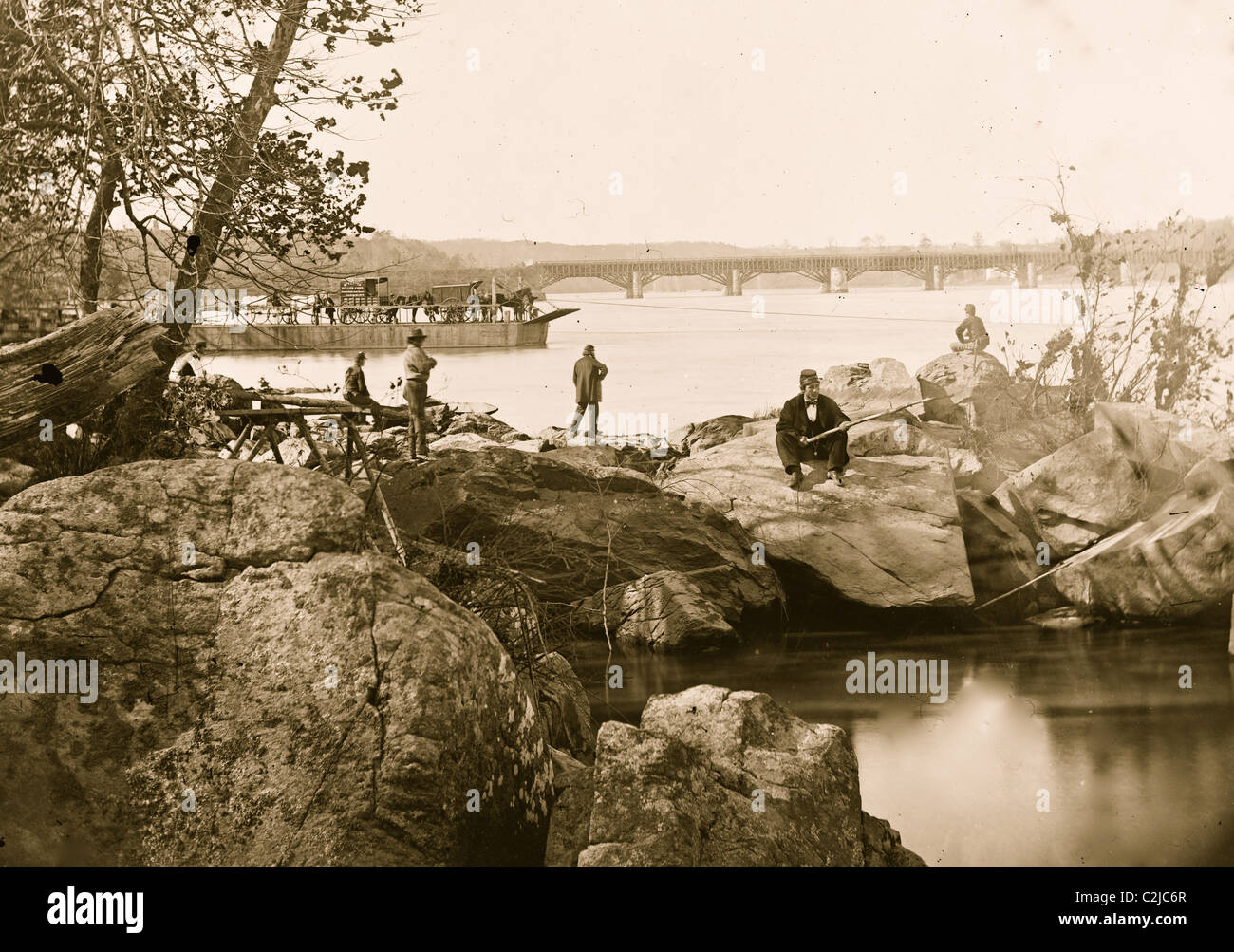Georgetown ferry-boat carrying wagons, and Aqueduct Bridge beyond, from ...
