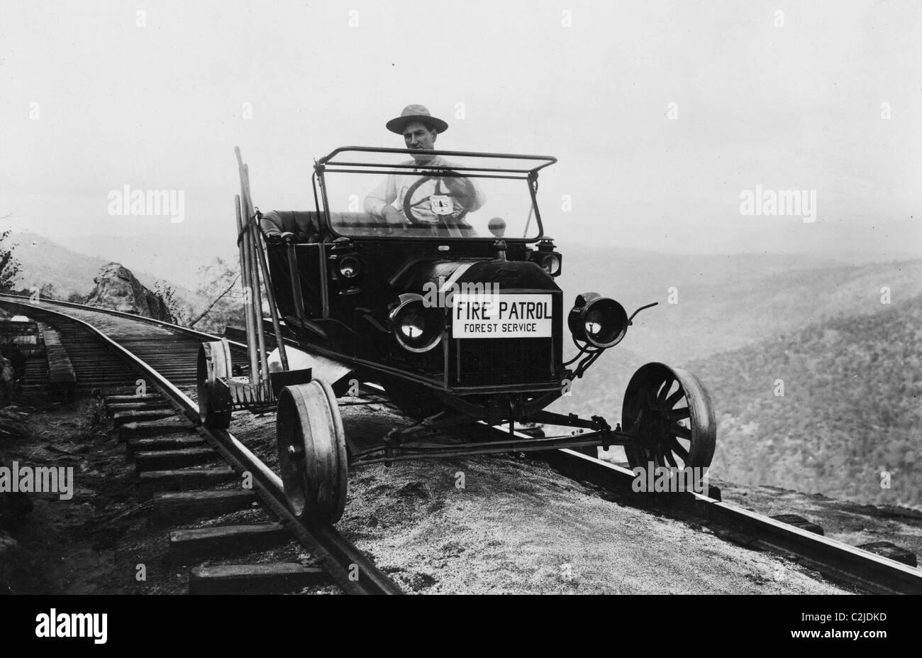 Fire Patrol Rides Steel wheeled car over Railroad Tracks Stock Photo ...