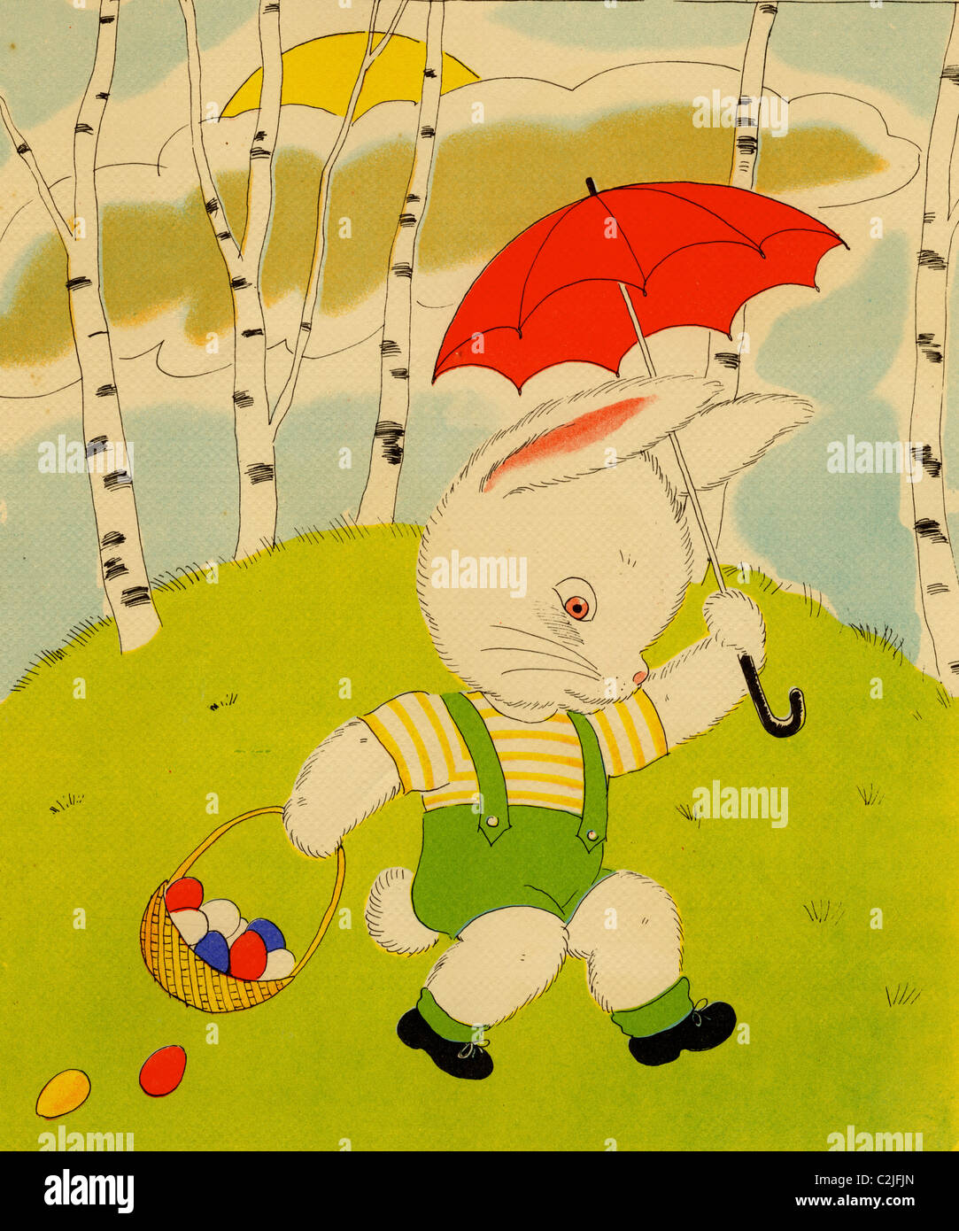 Anthropomorphic bunny with an umbrella totes Easter eggs Stock Photo ...