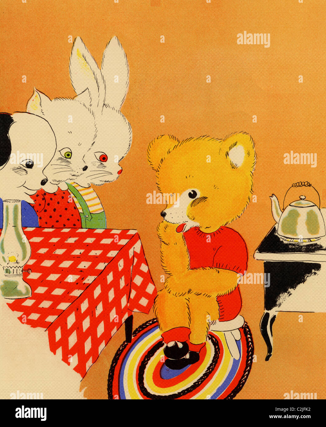 Bear sits waiting for tea to boil as Cat, dog and bunny look on Stock ...