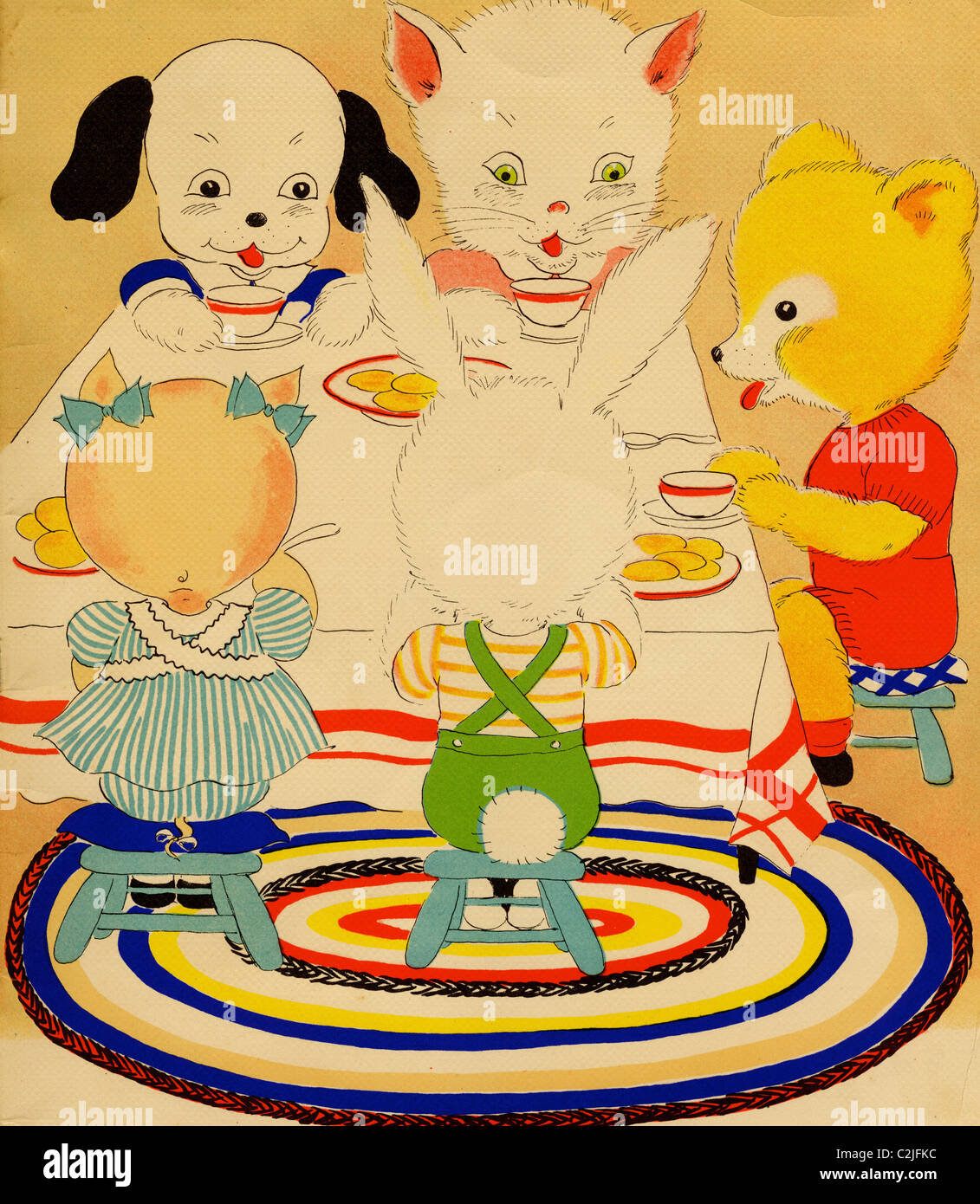 Anthropomorphic pig, bunny, kitten and dog dine at table together Stock ...