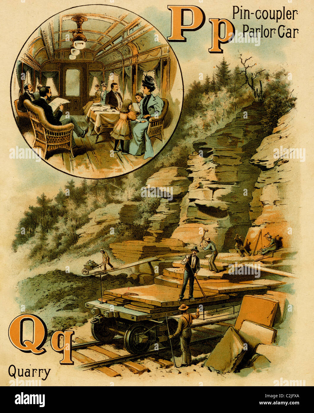 Railroad ABC - P is for Pin Coupler & Parlor Car and Q is for Quarry ...