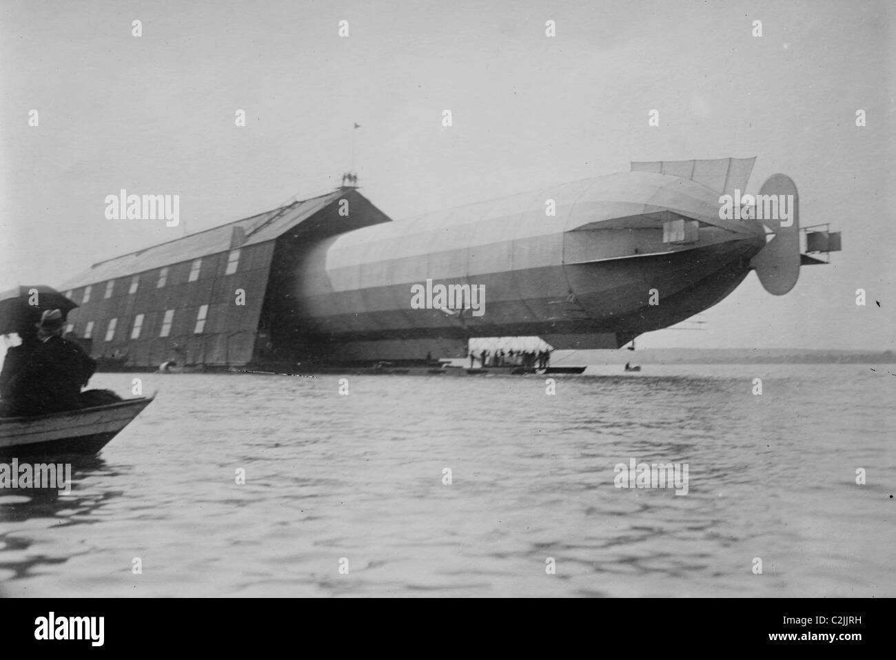Blimp, Zeppelin No. 3, in shed, seen from water Stock Photo - Alamy