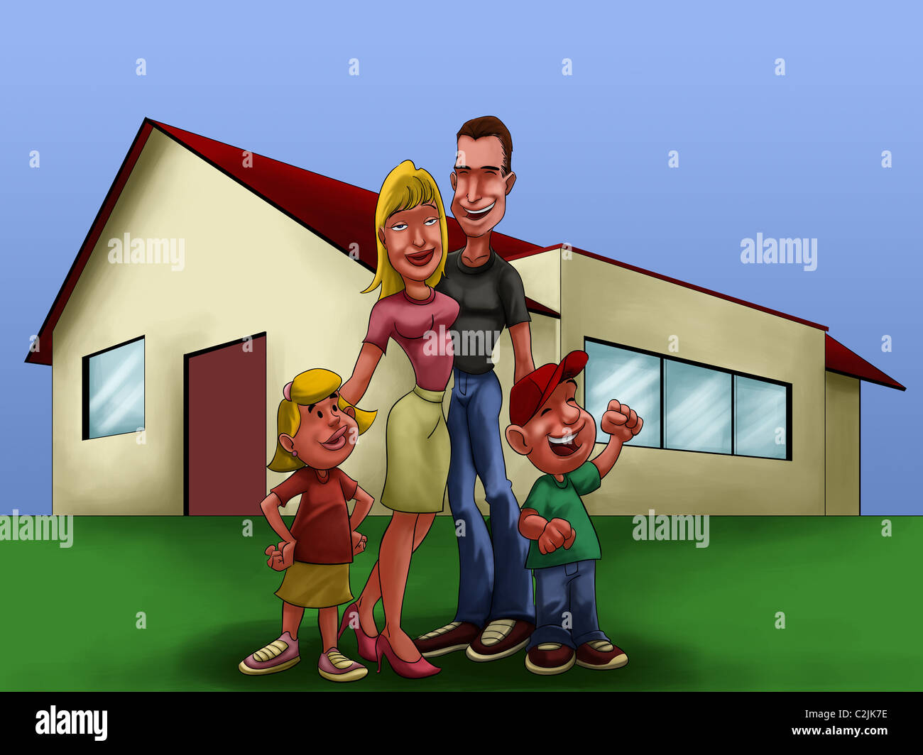 a happy family in front their new house Stock Photo - Alamy
