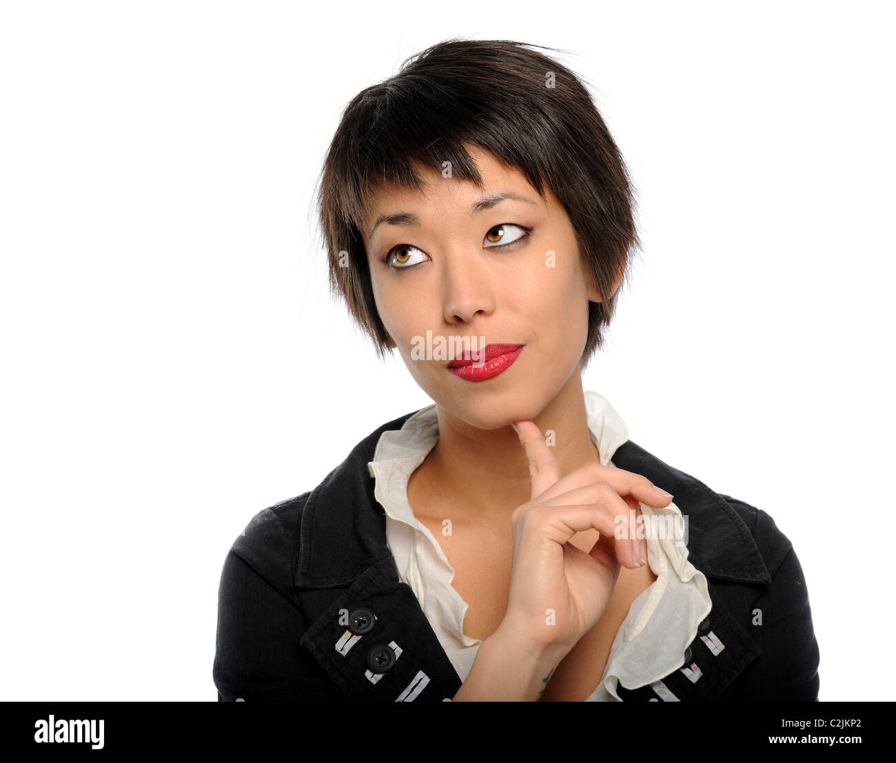 Portrait of Asian businesswoman thinking isolated over white background ...