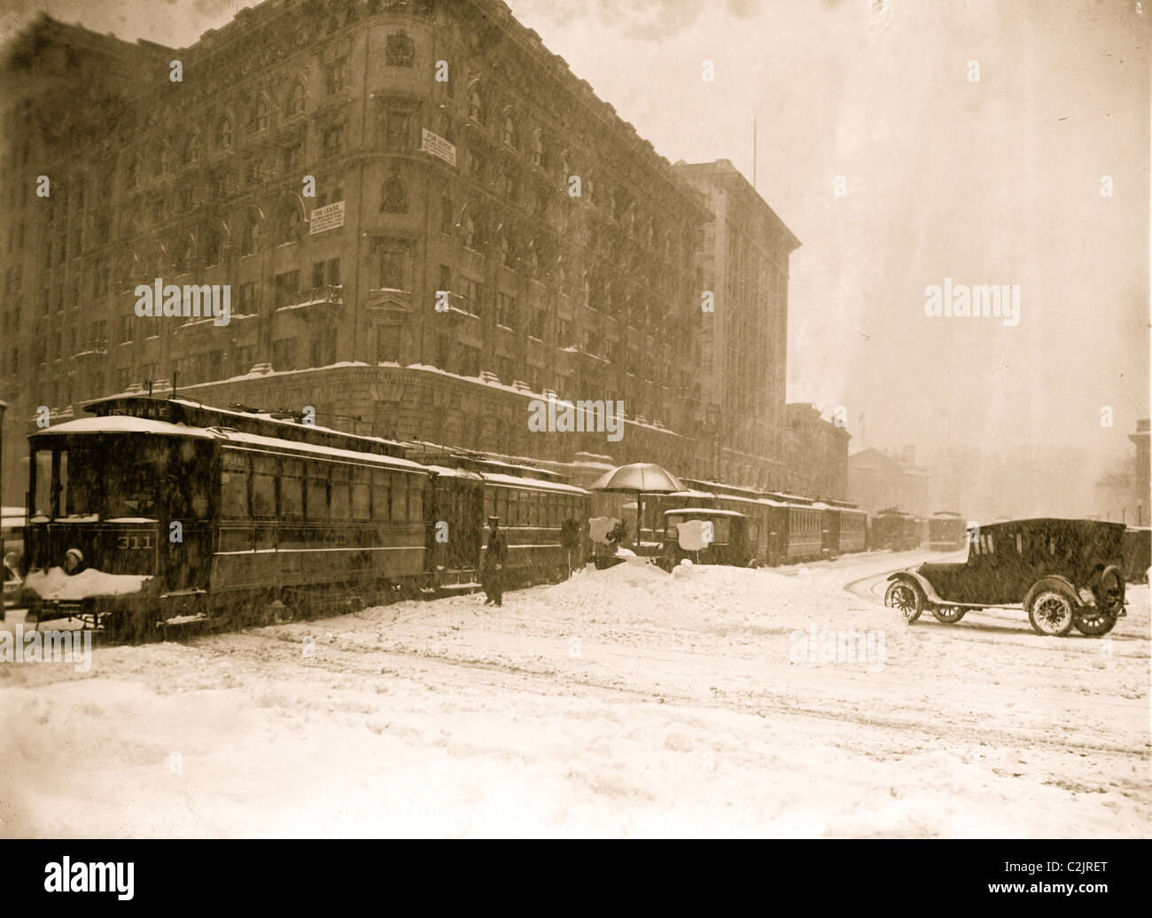 Washington DC Blizzard in 1922, Trolleys all stuck and lined up Stock ...
