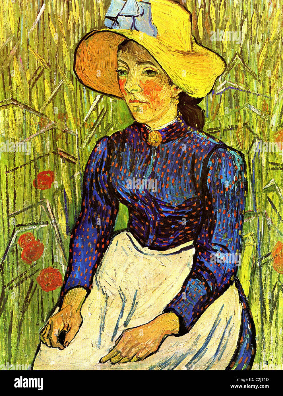 Young Peasant Woman with Straw Hat Sitting in the Wheat Stock Photo - Alamy