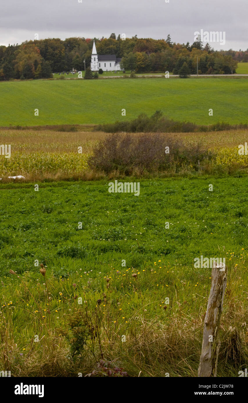 PEI rural scene, with white church in the background, Queens County ...