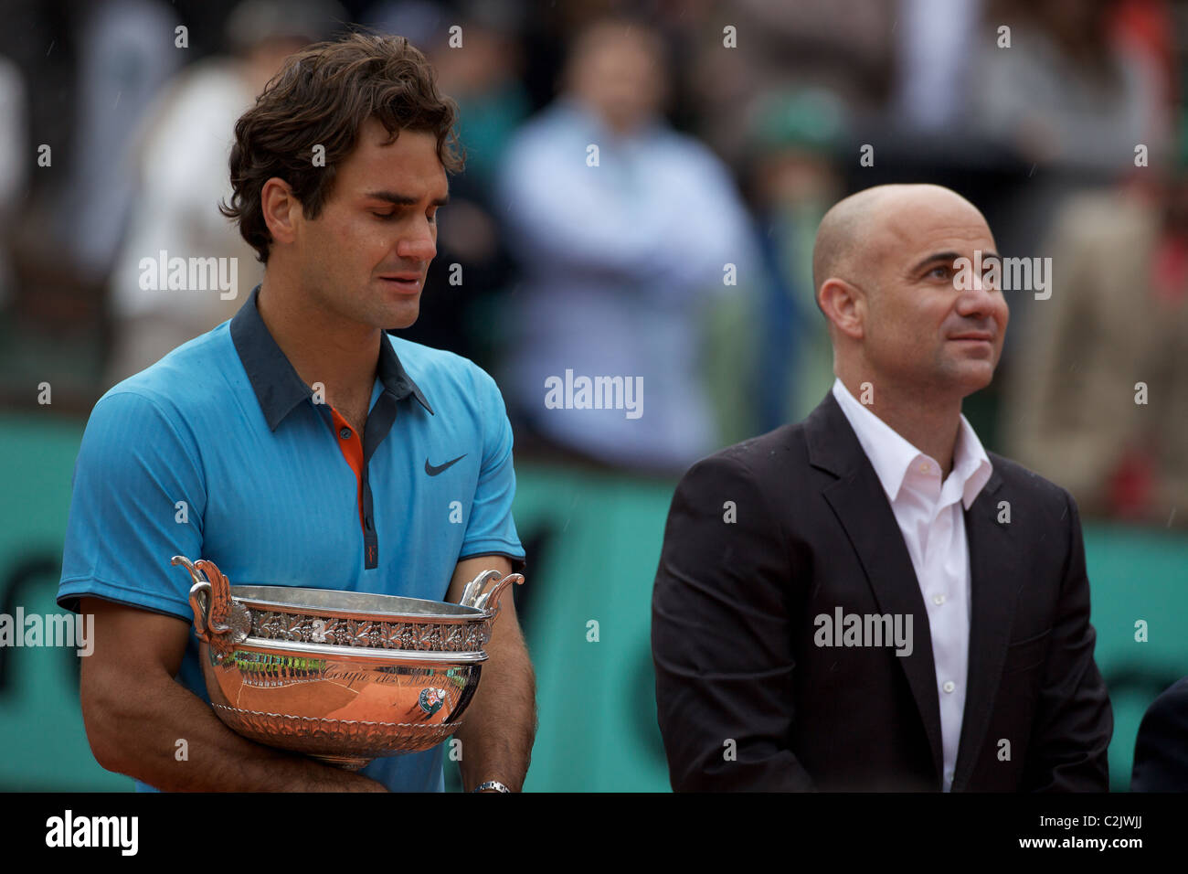 Roger Federer, Switzerland, at the trophy presentation with Andre ...