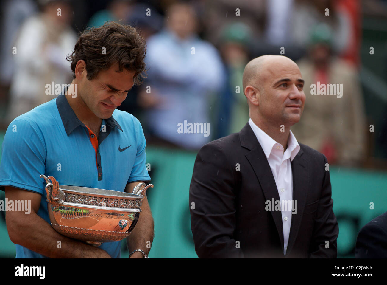 Roger Federer, Switzerland, at the trophy presentation with Andre ...