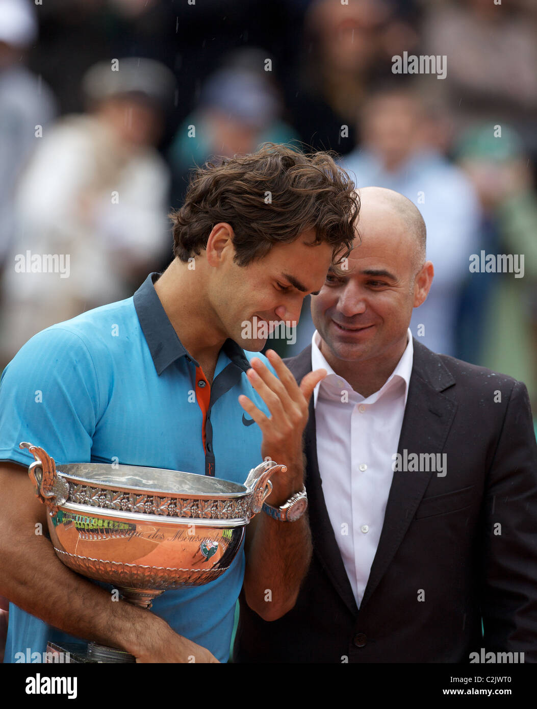 Roger Federer, Switzerland, at the trophy presentation with Andre ...
