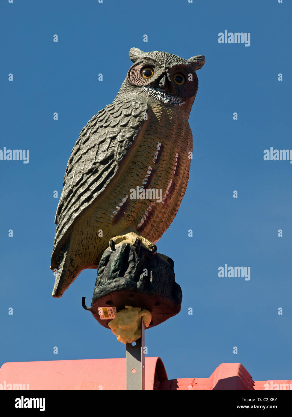 Dummy owl atop a factory building to scare away pest birds such as ...