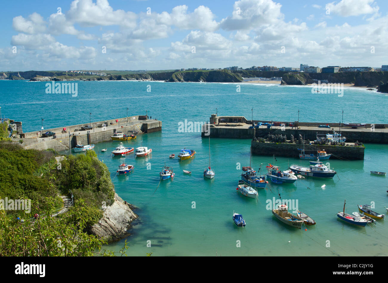 Newquay harbour in Cornwall UK at high tide Stock Photo - Alamy