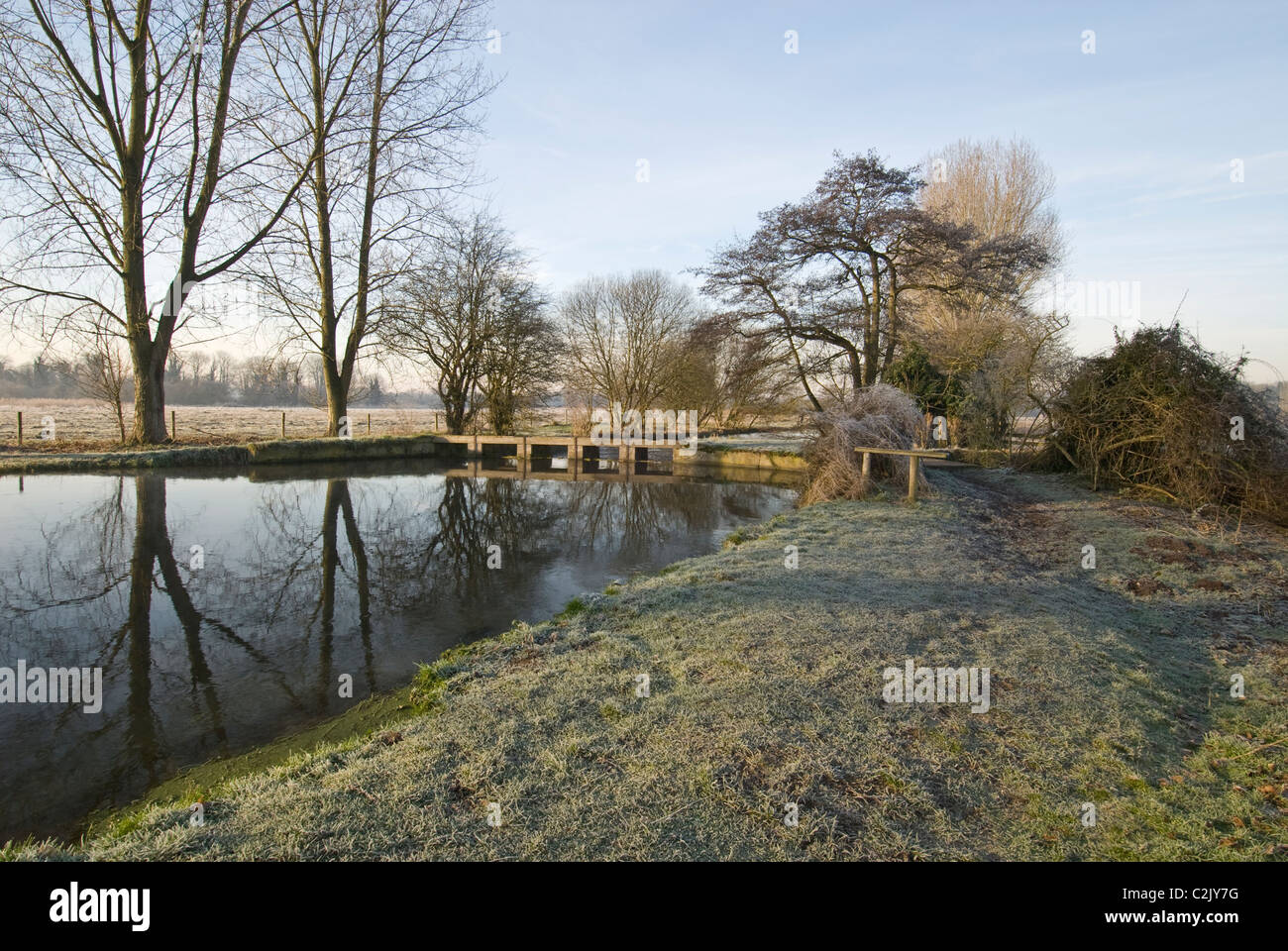 Footbridge River Test , early winter morning, Hampshire, England Uk ...