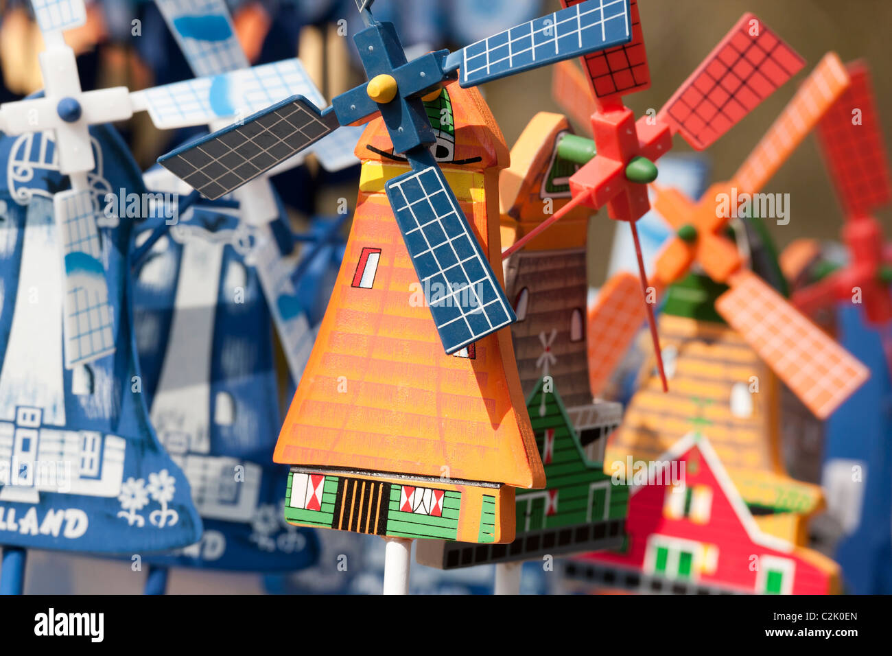 Little orange and blue souvenir windmills in Holland. The Netherlands ...