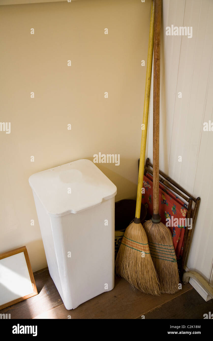 Trash Box and Broom Stock Photo - Alamy