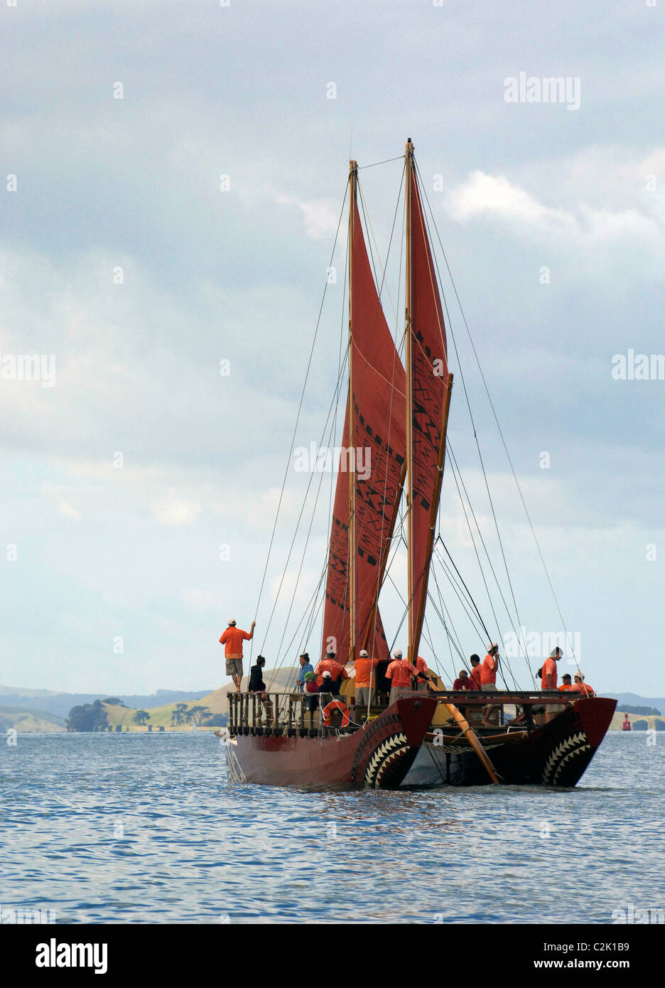 Maori Sailing Canoe (Maori Waka) under way in Auckland Harbour, NZ ...