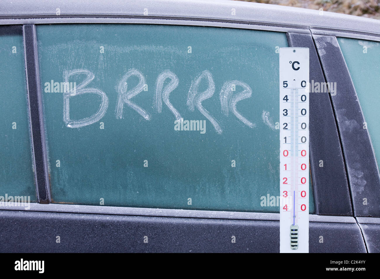 Brrrrrr written on a car window in the frost to indicate how cold it is ...