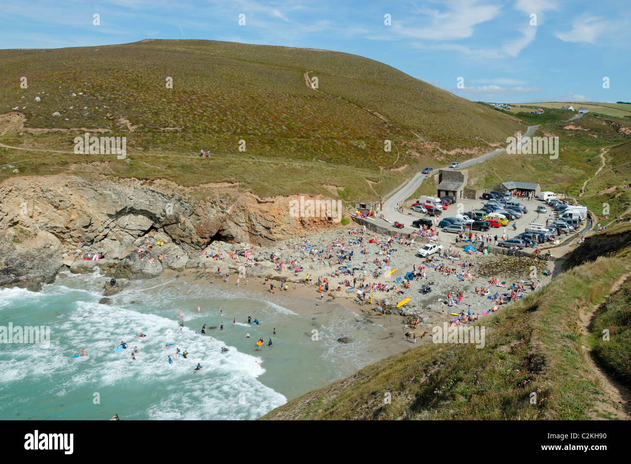 Chapel Porth beach in Cornwall UK near high tide Stock Photo - Alamy