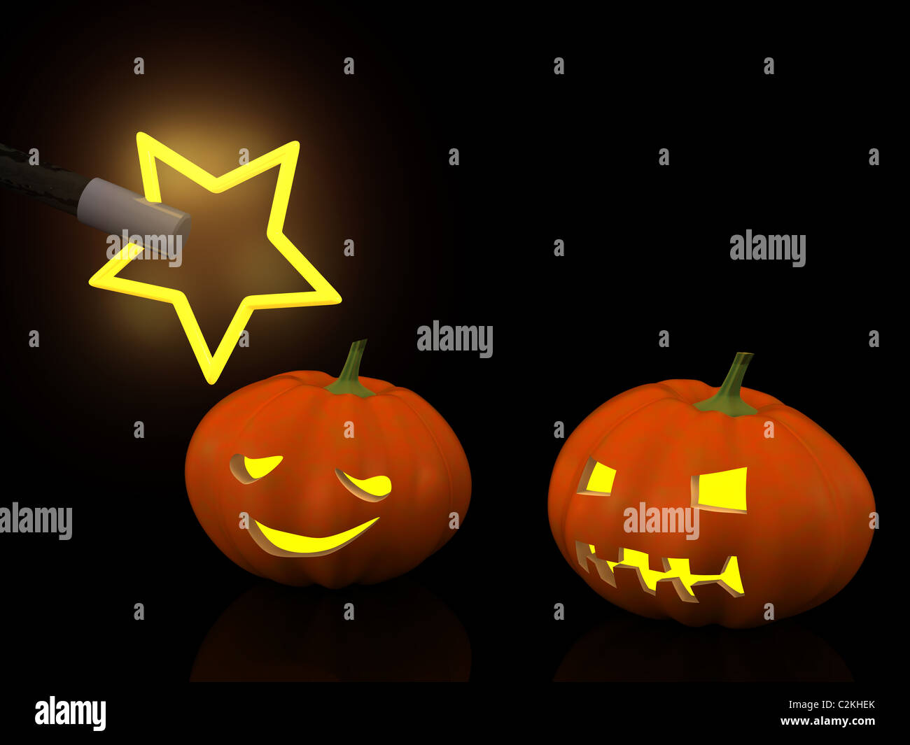 two halloween pumpkins with magic wand. 3d Stock Photo - Alamy