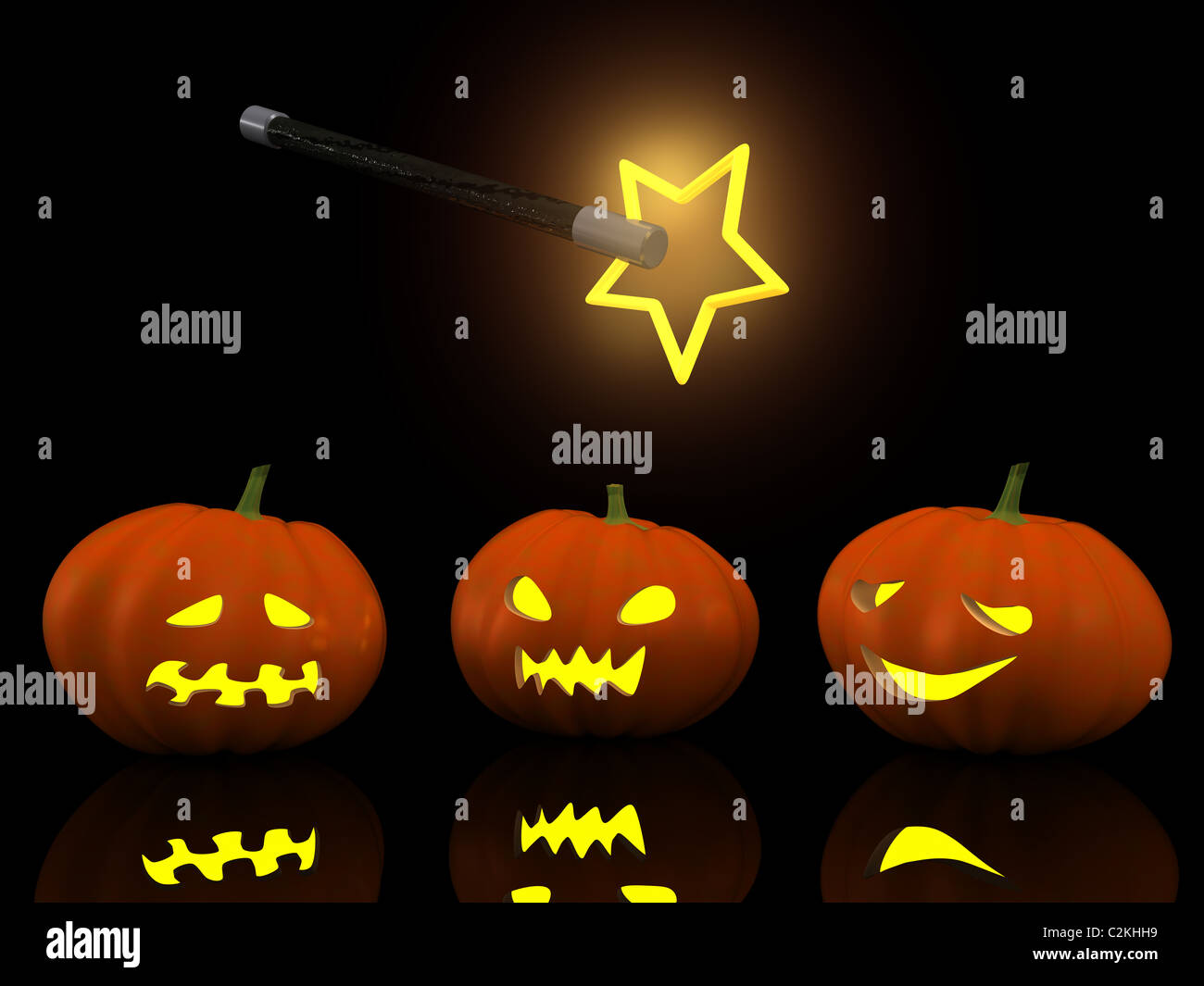 three halloween pumpkins with magic wand. 3d Stock Photo - Alamy
