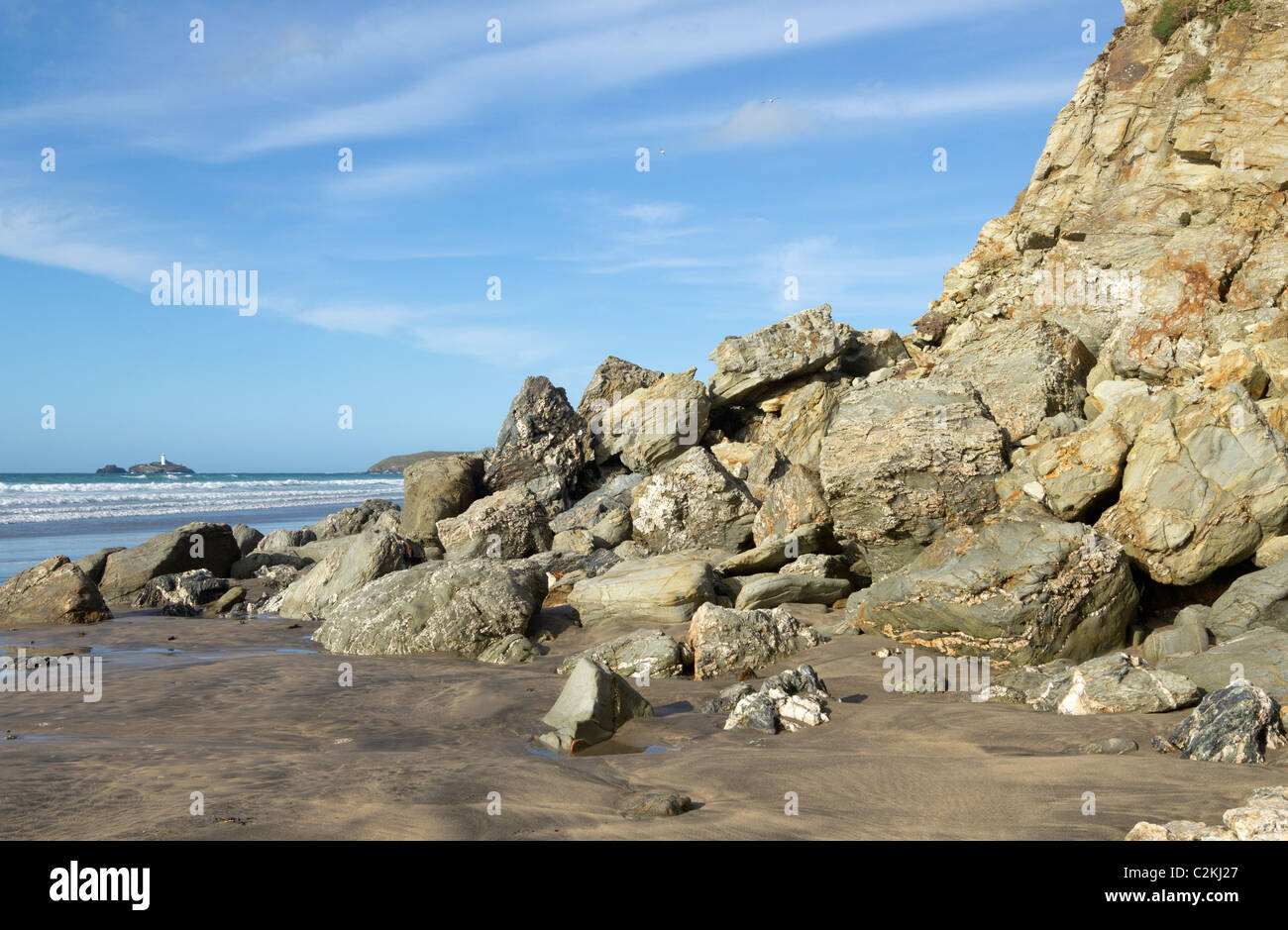 Large cliff rock fall on a beach near Gwithian Towans in Cornwall UK ...