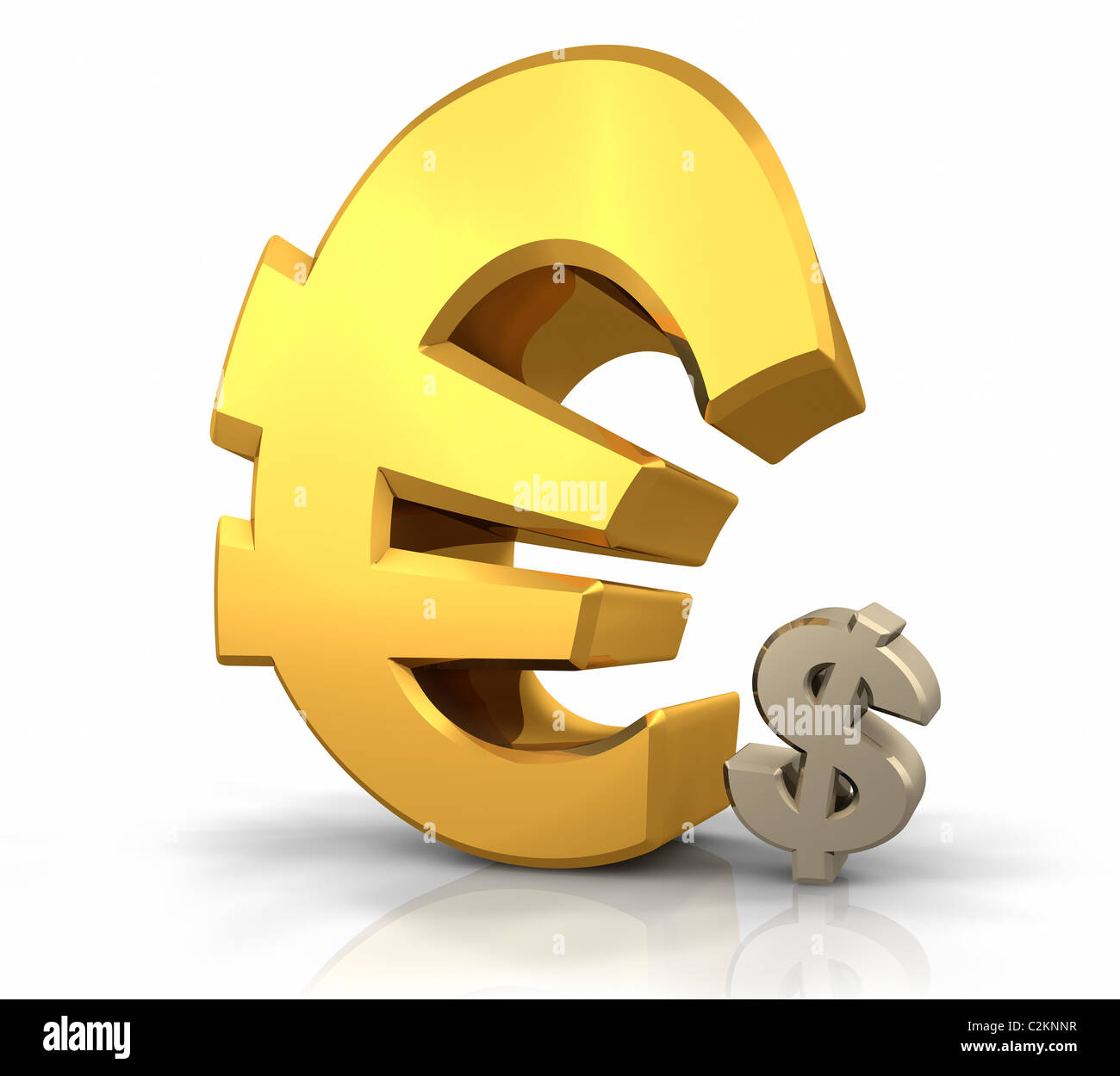 Large gold euro sign leaning over a small dollar sign Stock Photo - Alamy