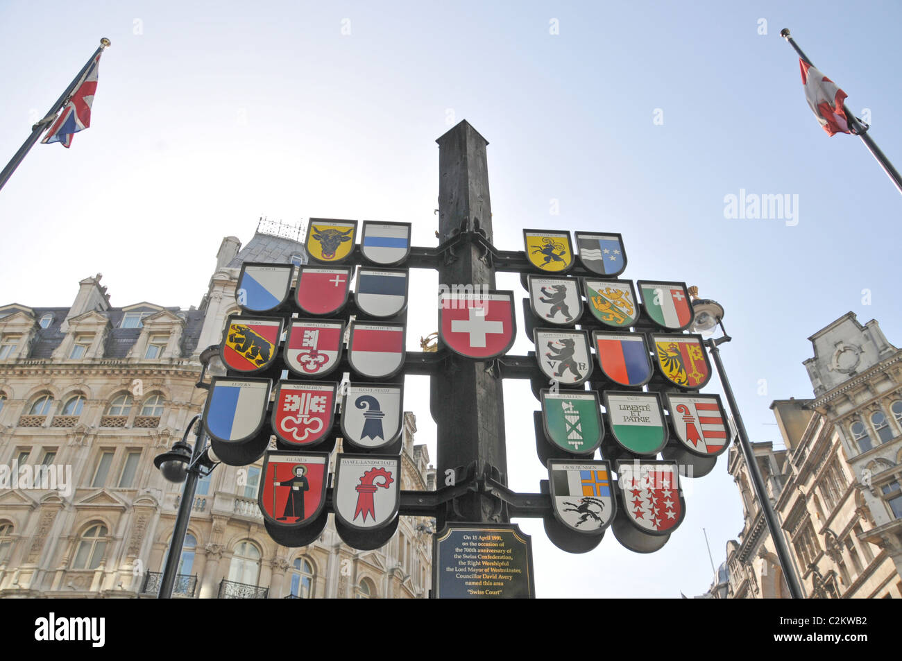 London Swiss Centre flags Leicester Square Stock Photo - Alamy