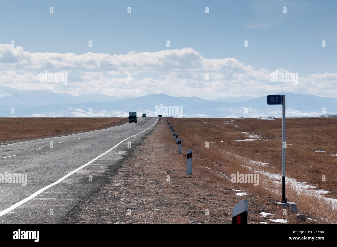 The siberian road near Abakan, the capital city of the Republic of ...