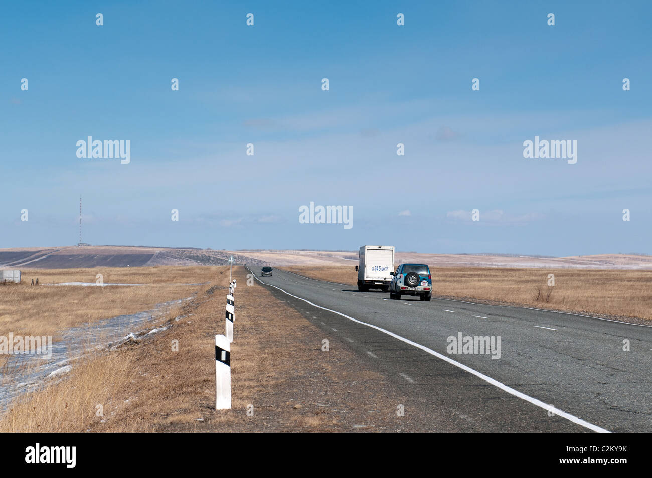 The siberian road near Abakan, the capital city of the Republic of ...